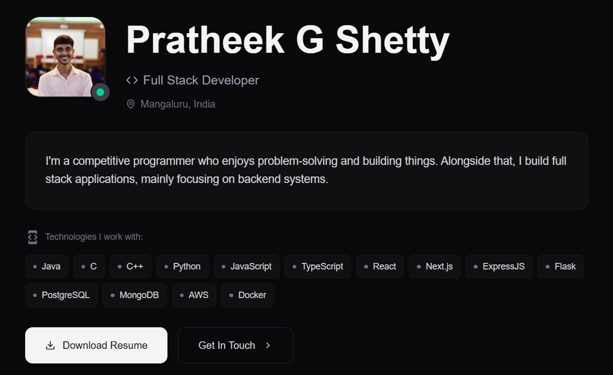 Pratheek G Shetty | Full Stack Developer